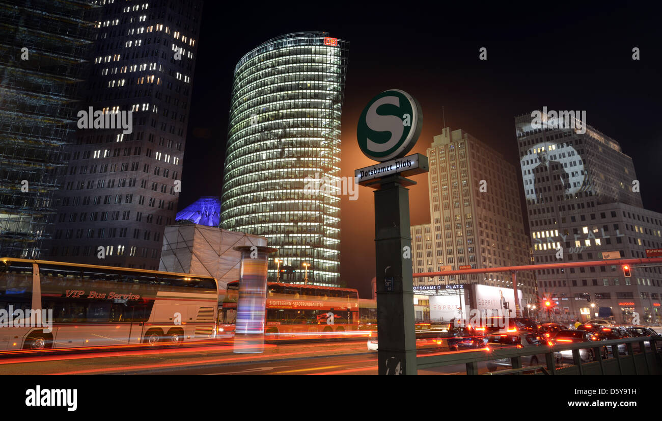 Buildings are lit up during an light installation at Potsdamer Platz in ...
