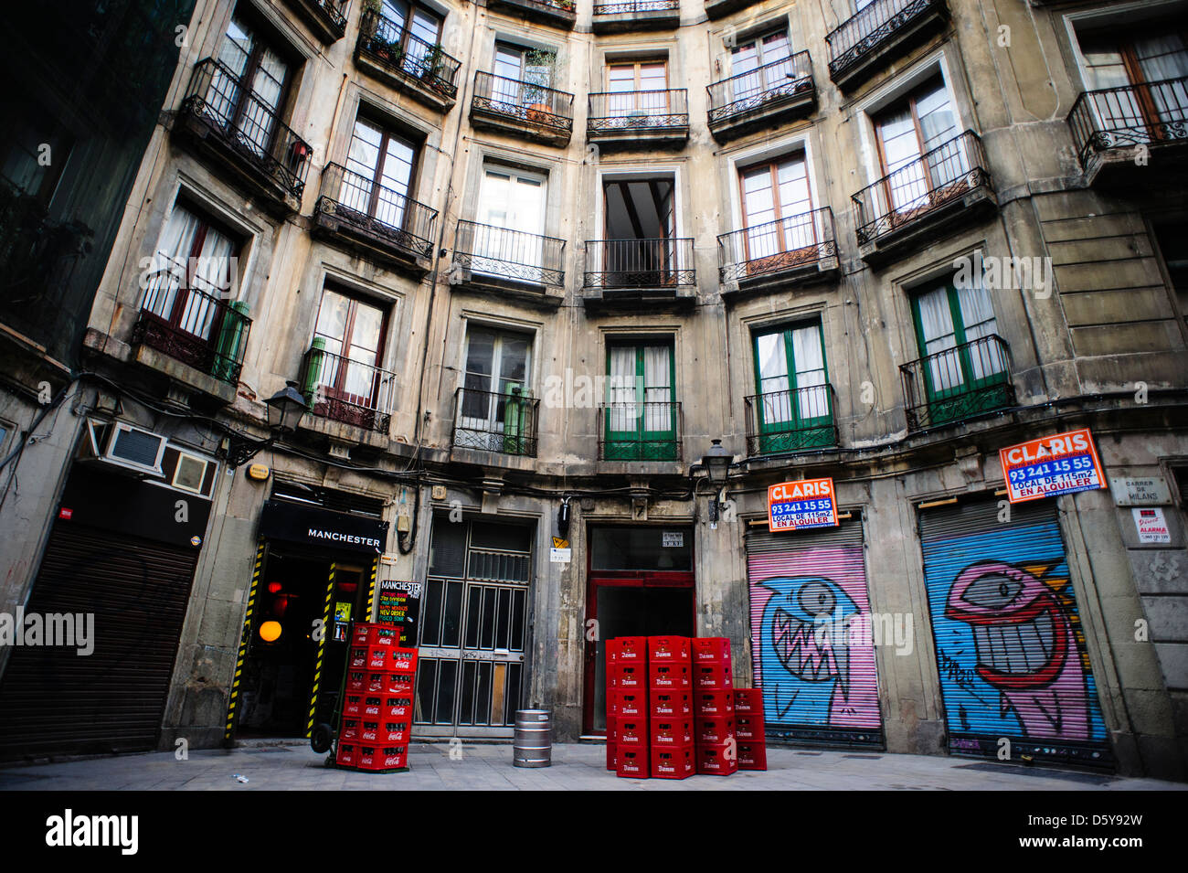 Traditional street with balconies in the gothic area of Barcelona Stock ...