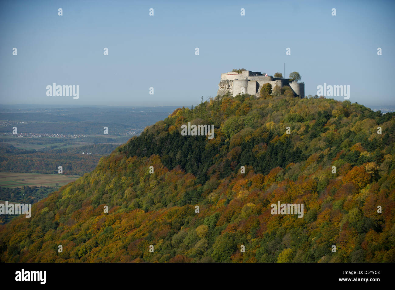 The castle ruins of Hohenneuffen and the autumn landscape are pictured ...
