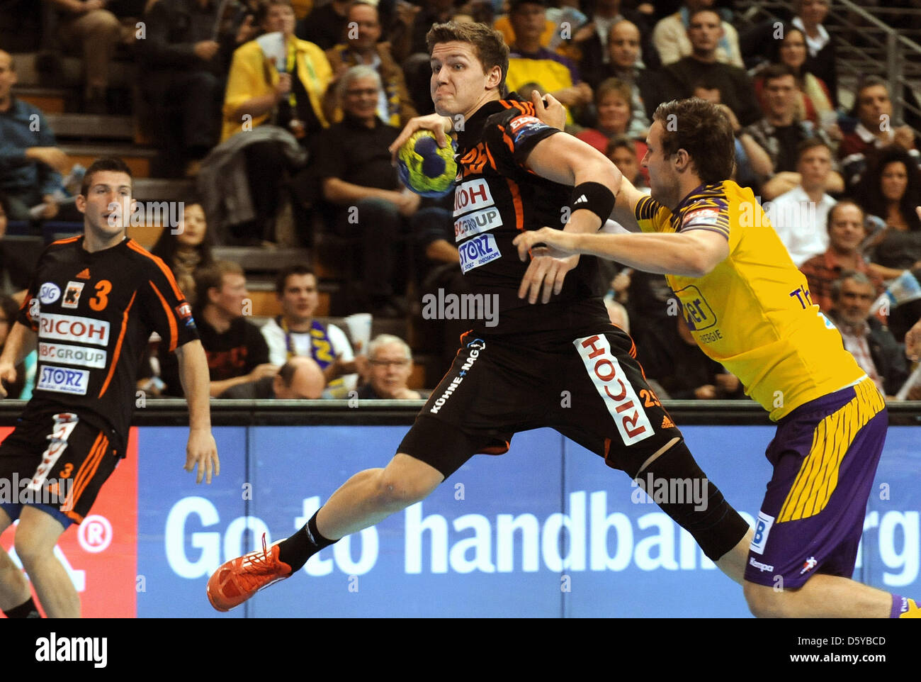 Schaffhausen's Christian Dissinger (C) takes a shot at the goal during ...
