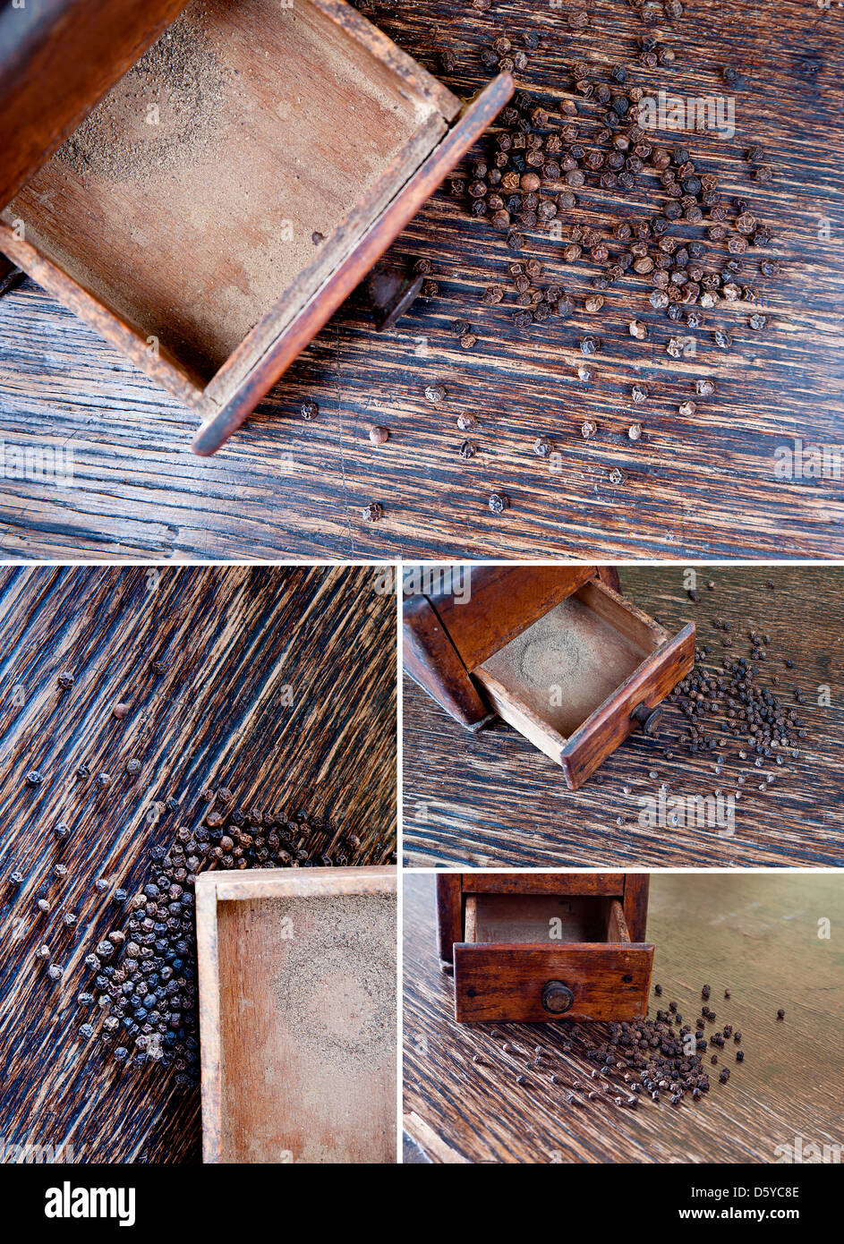 Grinding of black pepper collage. Retro spice mill and grains of pepper ...