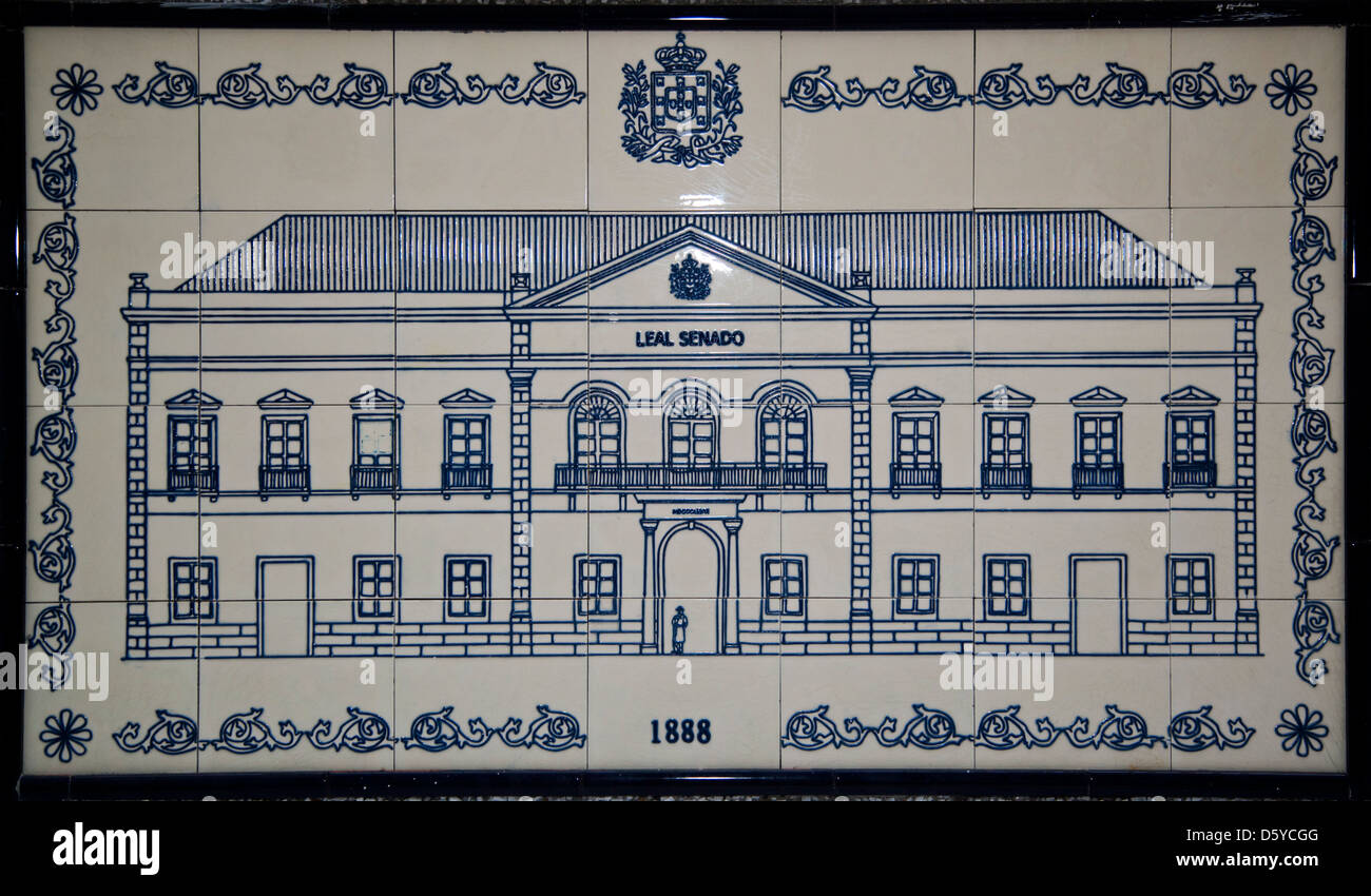 China, Macau, portuguese blue tiles, azulejos at the courtyard of the ...