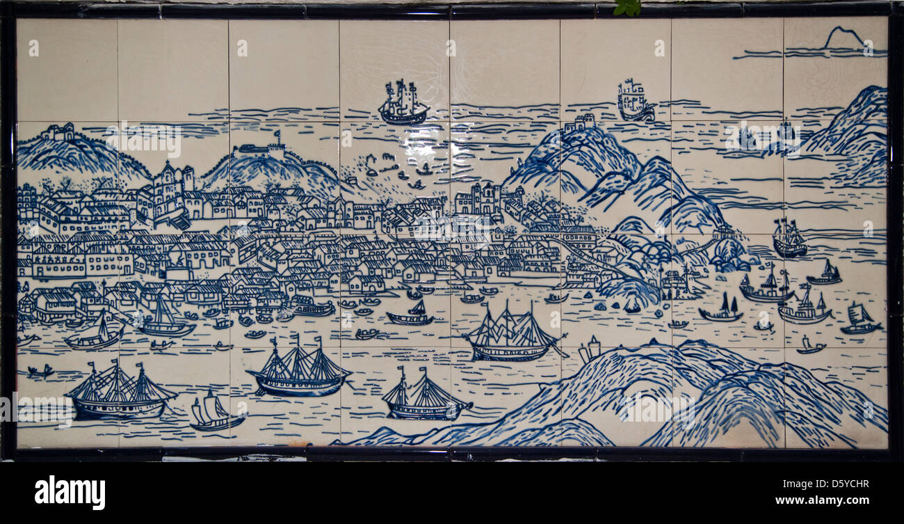 China, Macau, portuguese blue tiles, azulejos at the courtyard of the ...