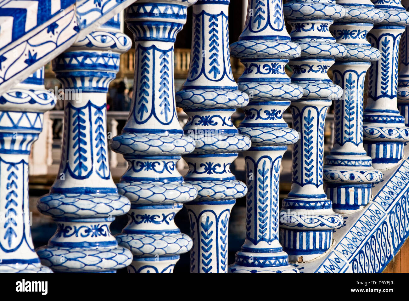 Ceramic azulejos blue balustrades Plaza Espana Seville Andalusia ...