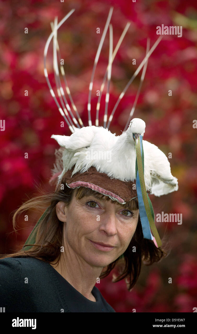 Sculptor and artist Iris Schieferstein wears a self-made hat in front ...