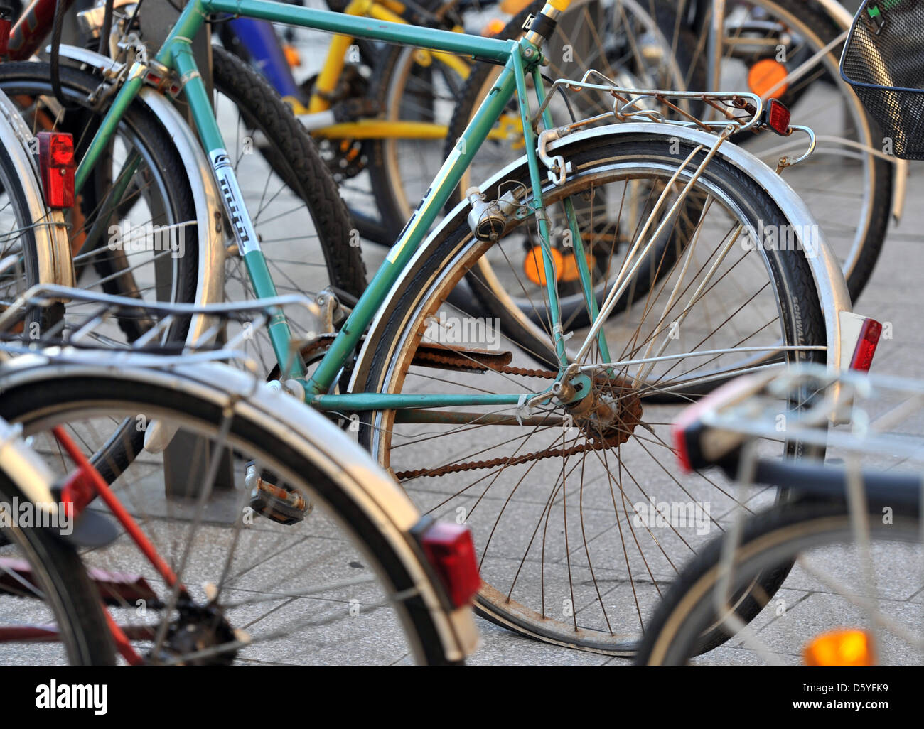 A broken bicycle sits in front of Central Station in Leipzig, Germany ...
