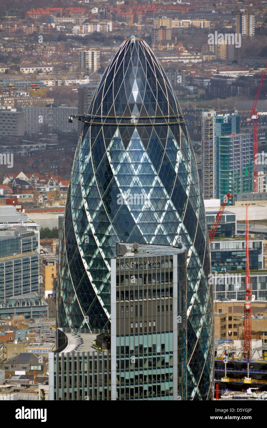Aerial view Gherkin Swiss Re office tower in the square mile of the ...