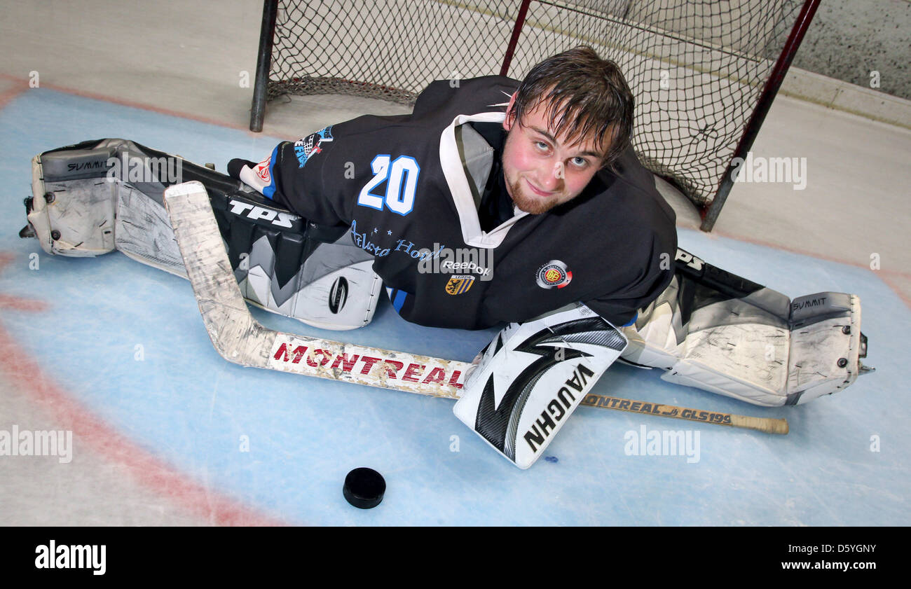 Goalkeeper of EC Oberstdorf Sascha Merath is pictured at the ice rink ...