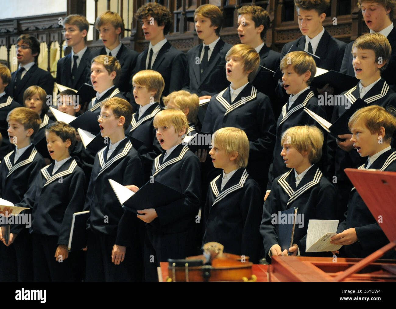 Member's of the Thomaner boy's choir sing during a church service held ...