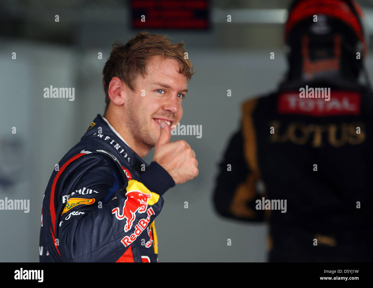 German Formula One driver Sebastian Vettel of Red Bull reacts after he ...