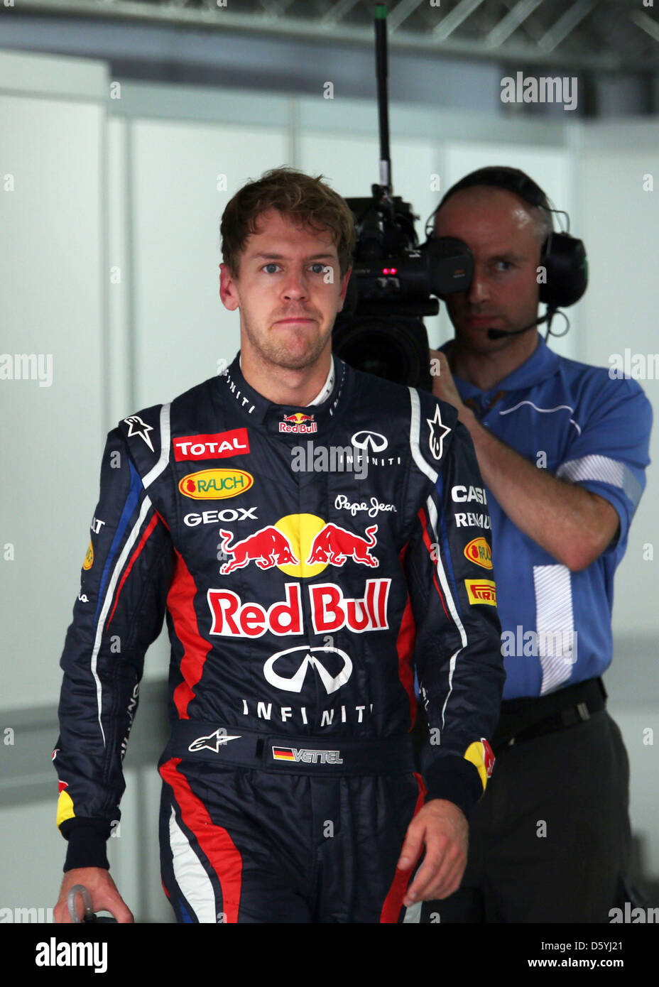 German Formula One driver Sebastian Vettel of Red Bull reacts after he ...