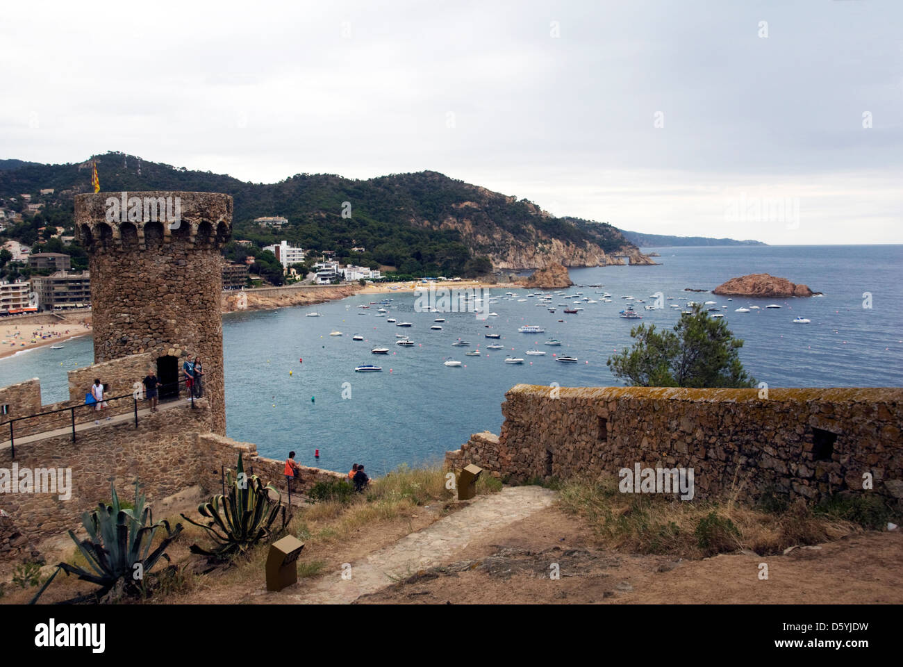 SPAIN; TOSSA DE MAR; TOWER AND WALLS OF VILA VELLA WITH BAY AND BEACH ...