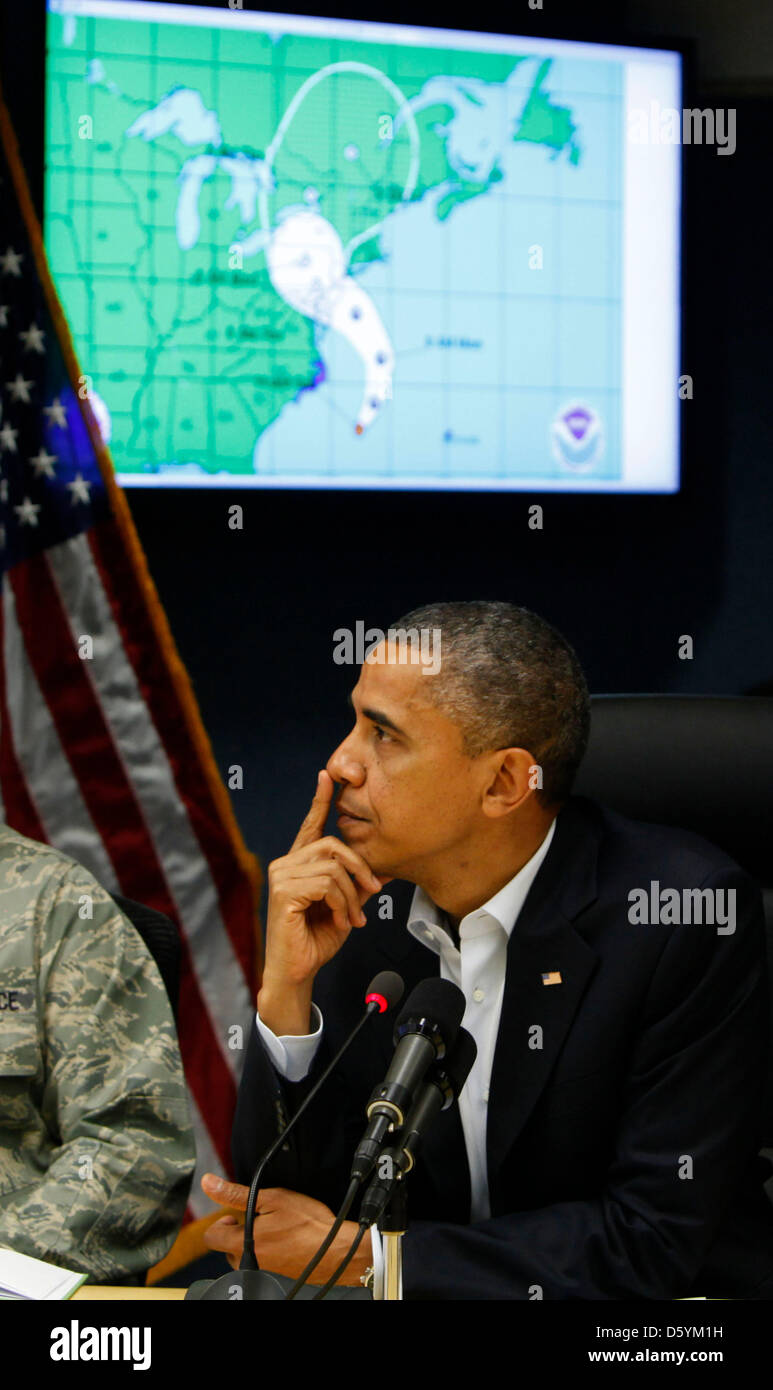 United States President Barack Obama Listens to a briefing on Hurricane ...