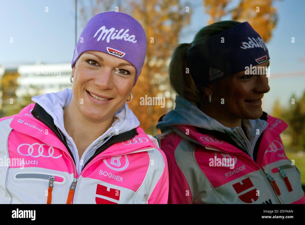 German alpine ski racer Maria Hoefl-Riesch leans on a reflecting glass ...