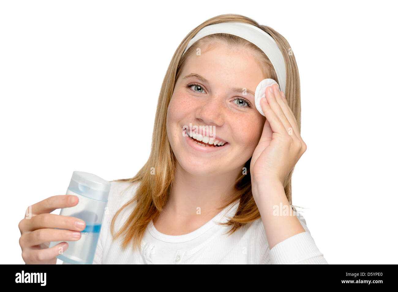 Young cheerful girl removing make-up cleansing pad cleaning water ...