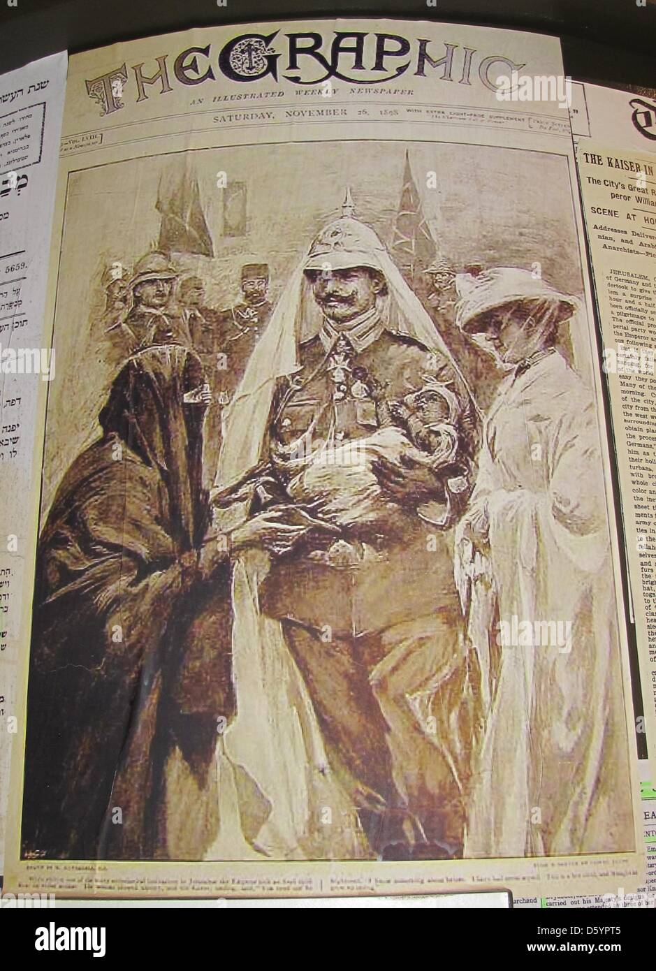 A contemporary illustration of emperor Wilhelm II. is featured at an ...