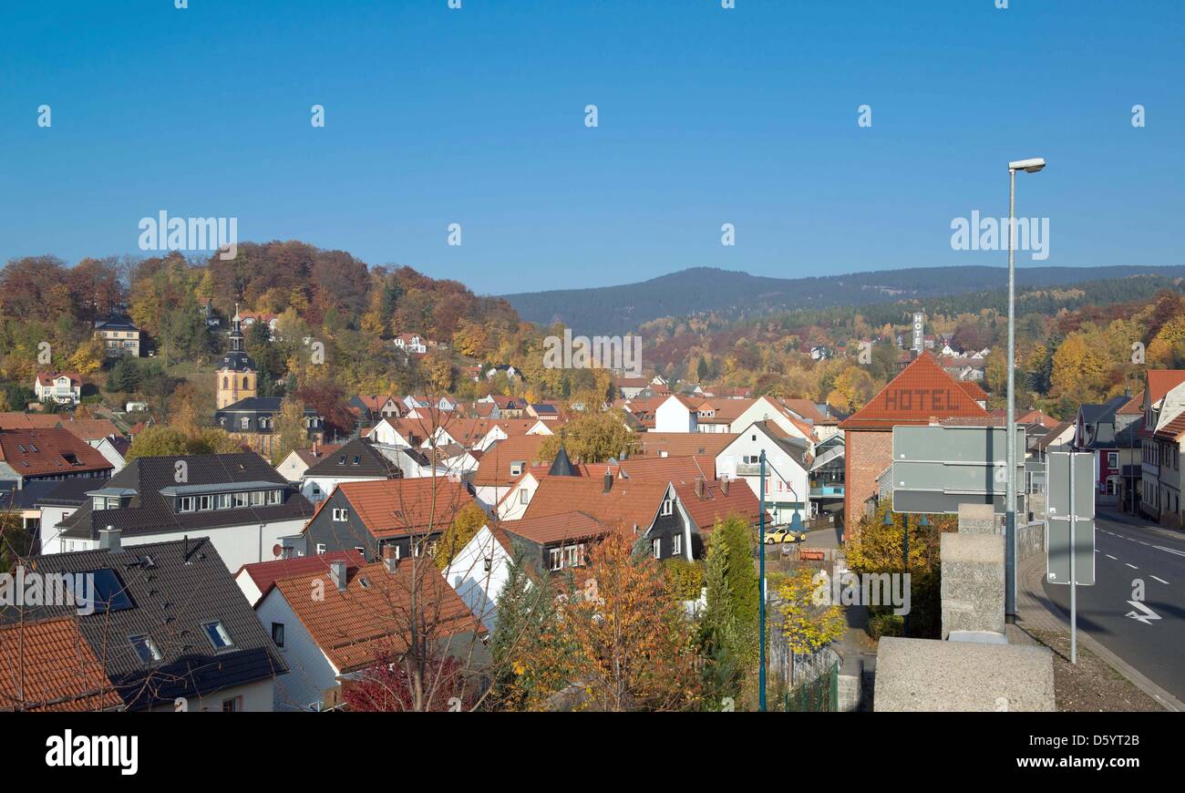An autumn view of the market church is taken in Zella-Mehlis, Germany ...