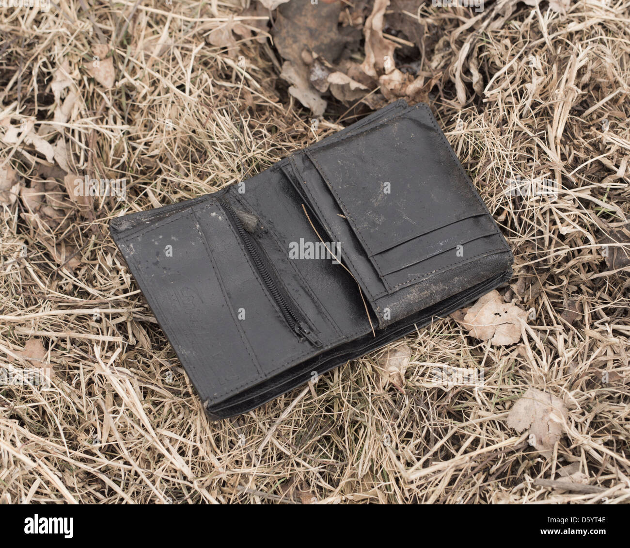 Lost black leather wallet laying on the ground in dry grass Stock Photo ...