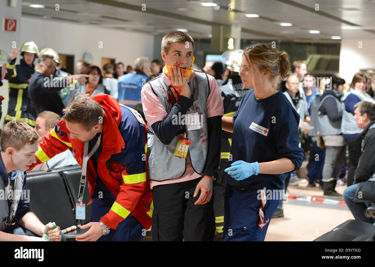Emergency workers of the Red Cross are pictured on during a rehearsal ...