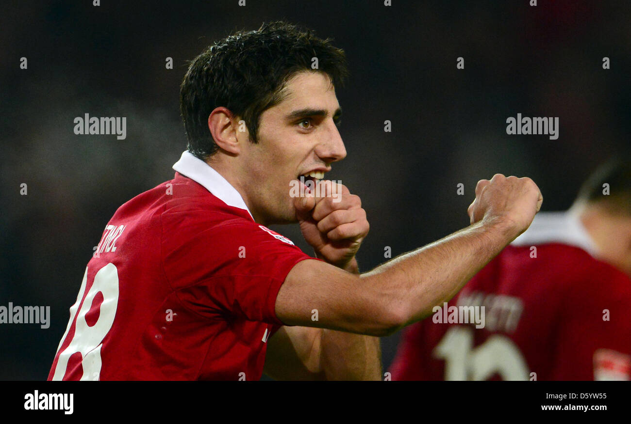 Hanover's Lars Stindl cheers after his 2-0 goal in a German bundesliga ...
