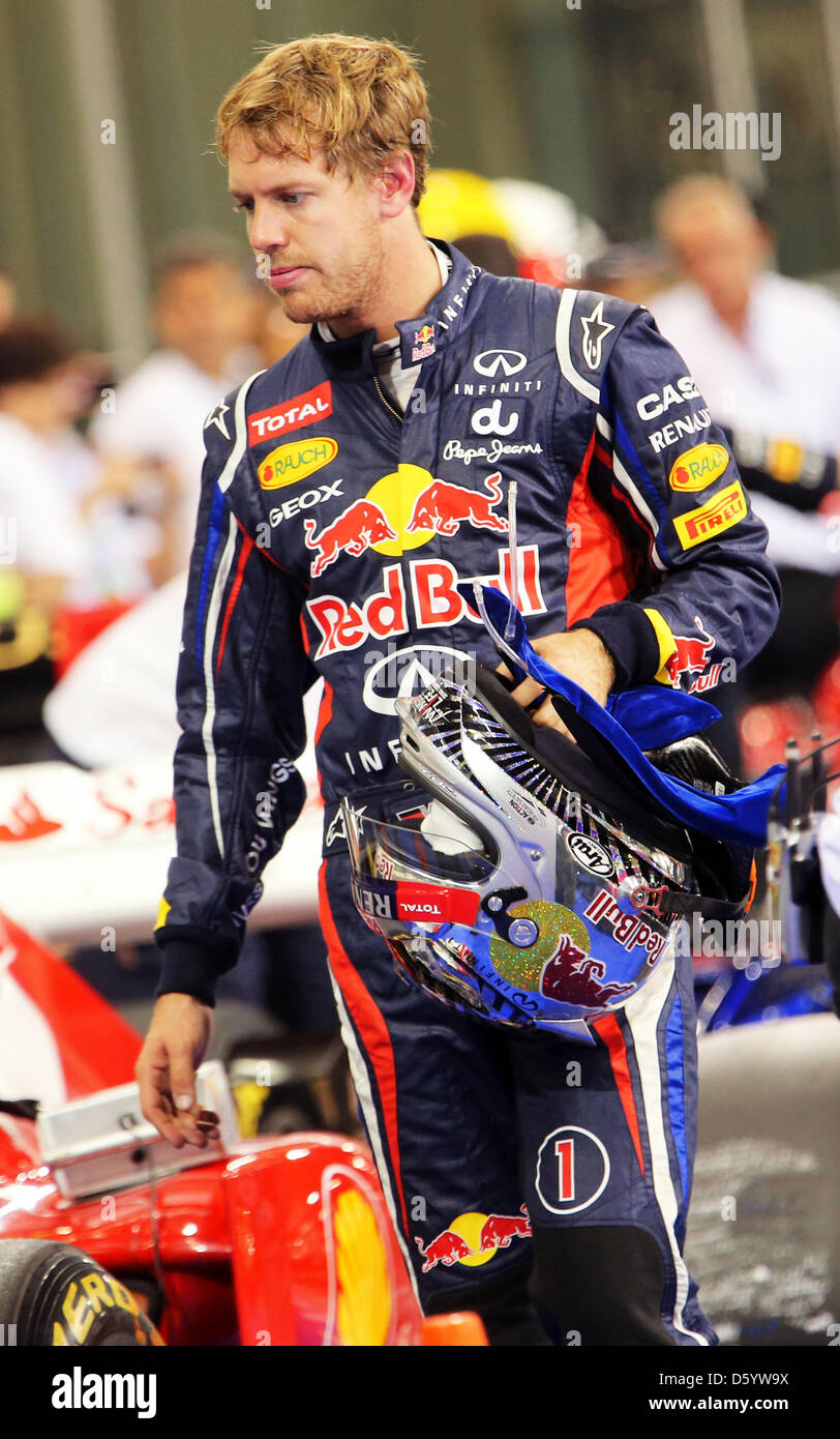 German Formula One driver Sebastian Vettel of Red Bull reacts after his ...