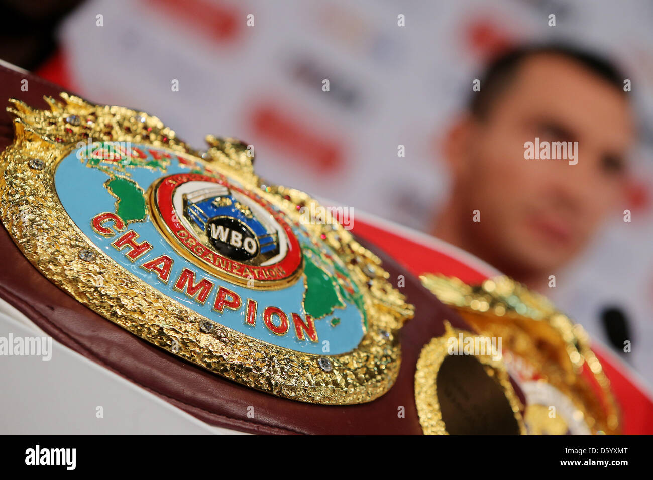 The trophy belt of the WBO boxing union is pictured during a press ...