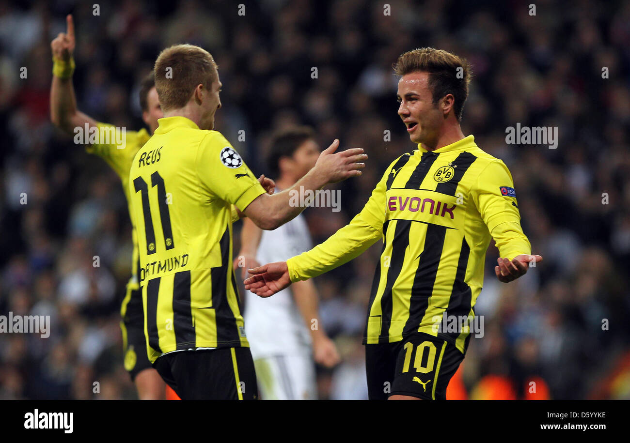 Dortmund's Mario Goetze (R) celebrates his 2-1 with Marco Reus during ...