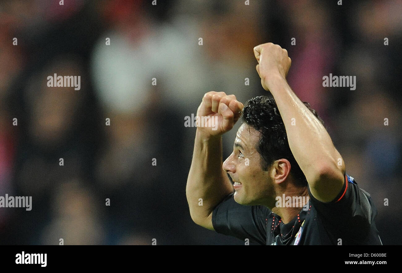 Munich's Claudio Pizarro celebrates his third goal during the Champions ...