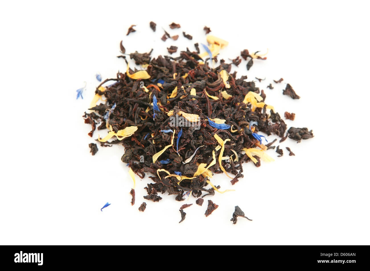 black tea with dry flowers on white background Stock Photo - Alamy
