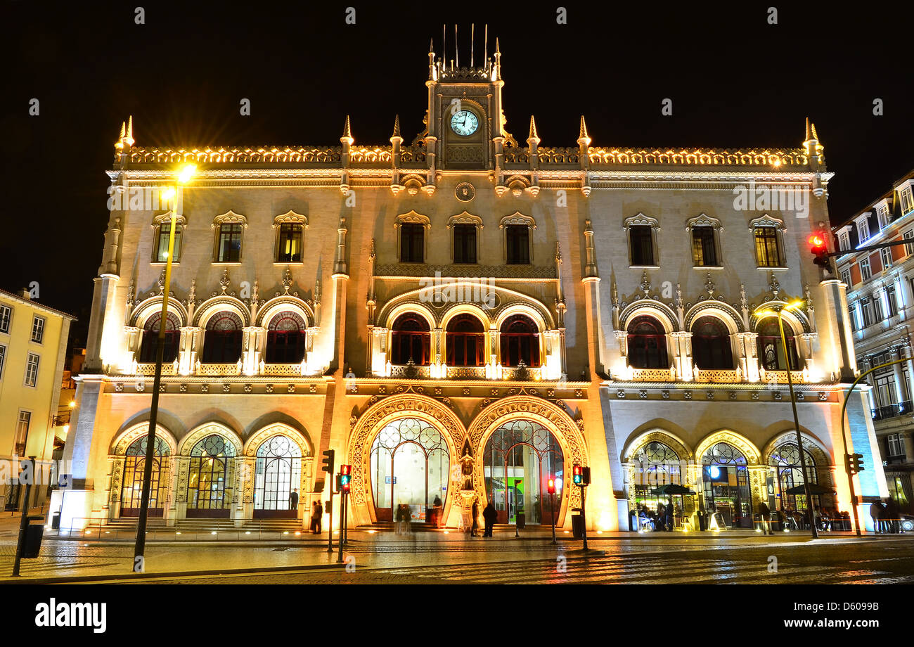 Facade of the train station rossio in lisbon hi-res stock photography ...