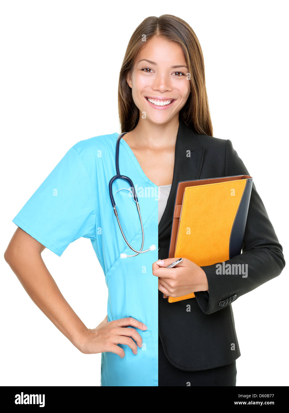 Portrait of confident young mixed race woman split half doctor / nurse ...