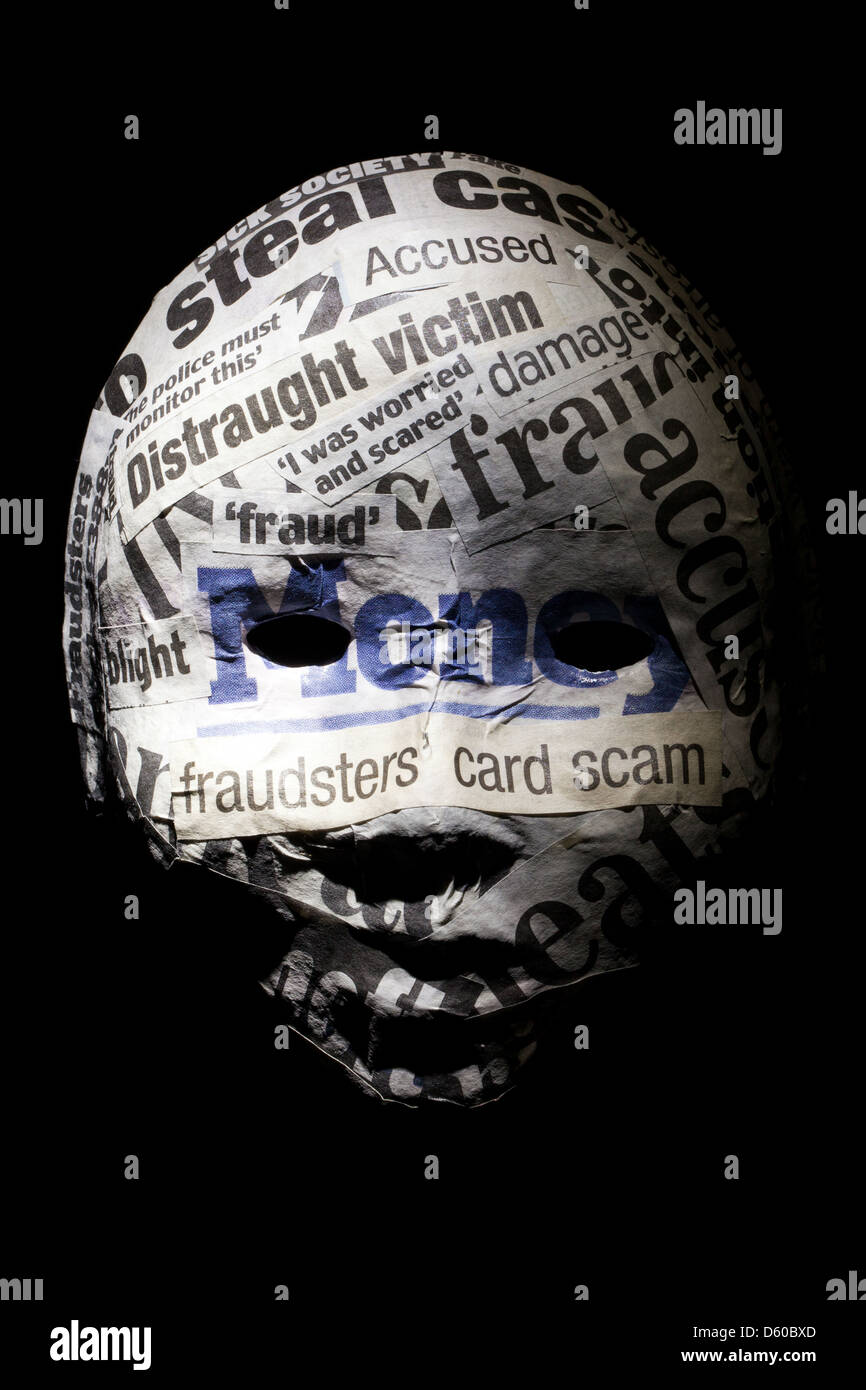Identity fraud concept mask on black background Stock Photo - Alamy
