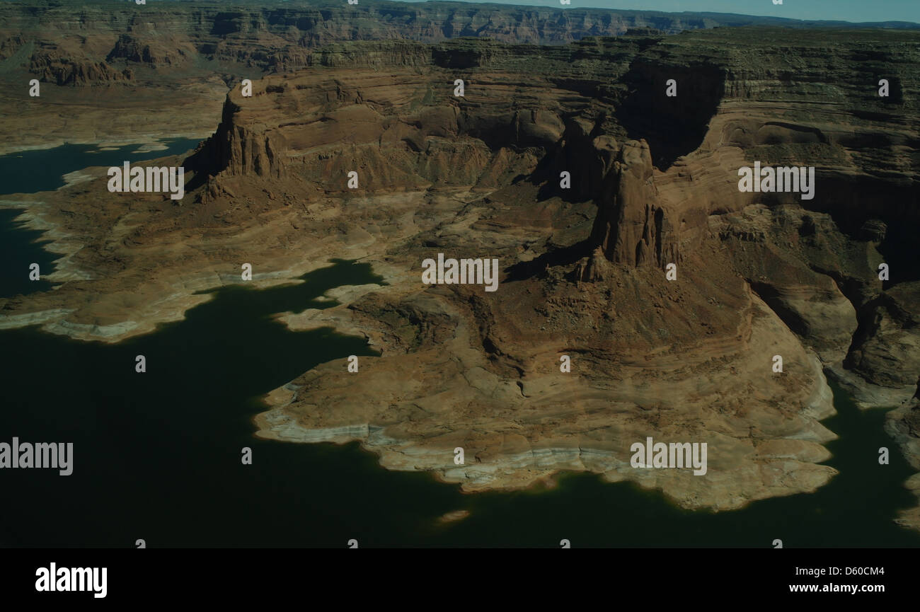 Aerial view, from San Juan River, canyons in rock strata cliffs ...