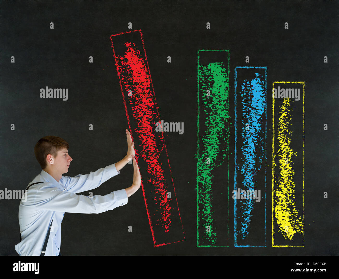 Business man pushing blackboard background sales graph or chart Stock ...