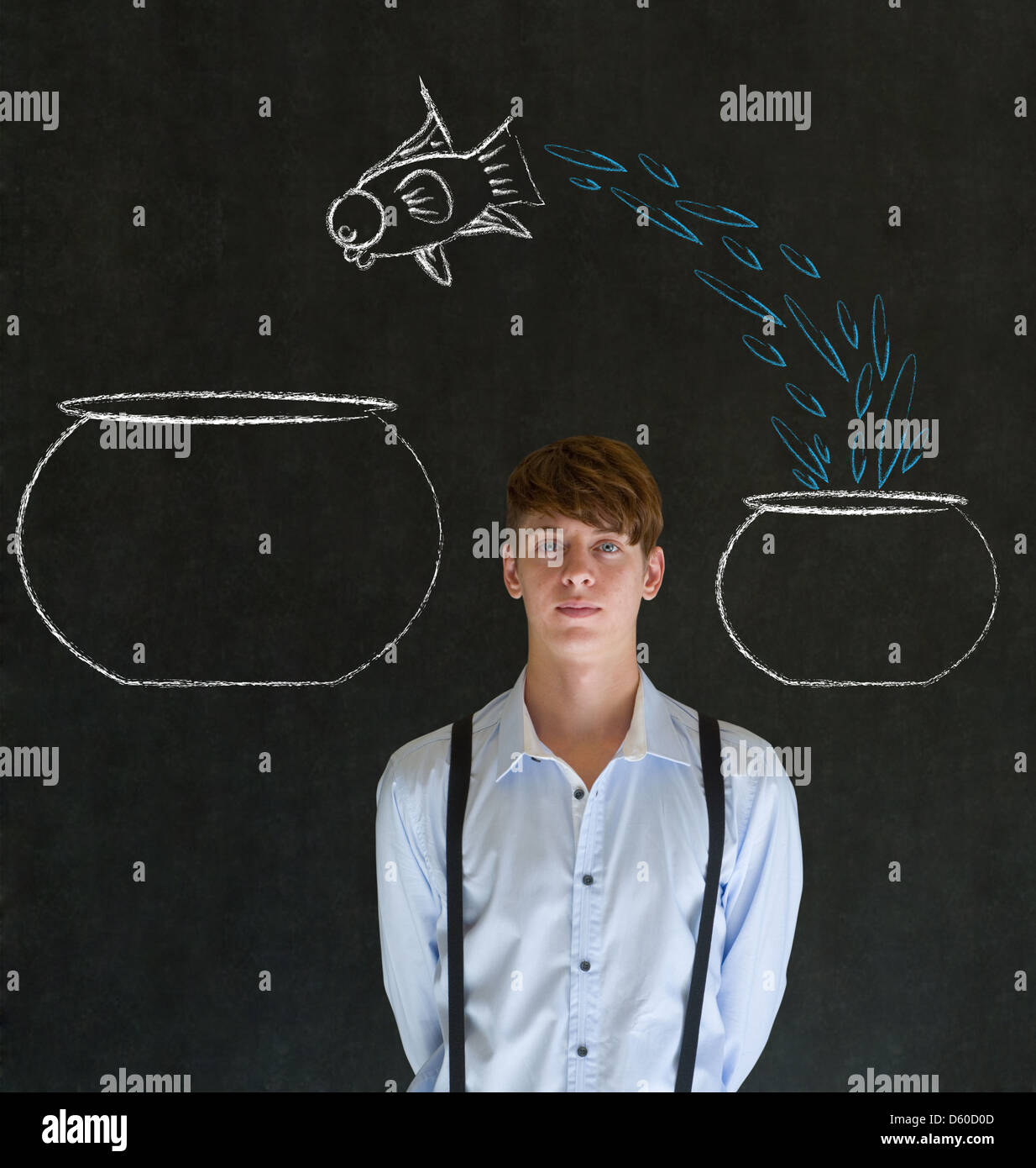 Business man, student or teacher with fish jumping from small bowl to ...