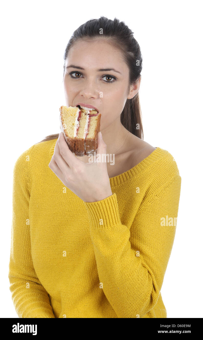 Happy Confident Young Woman, Eating Slice Of Fresh Victoria Sponge Cake ...