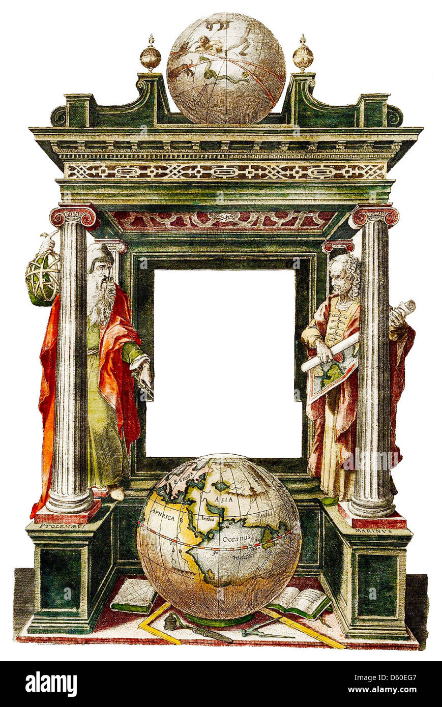 This image features a classical decorative border surrounding a globe ...