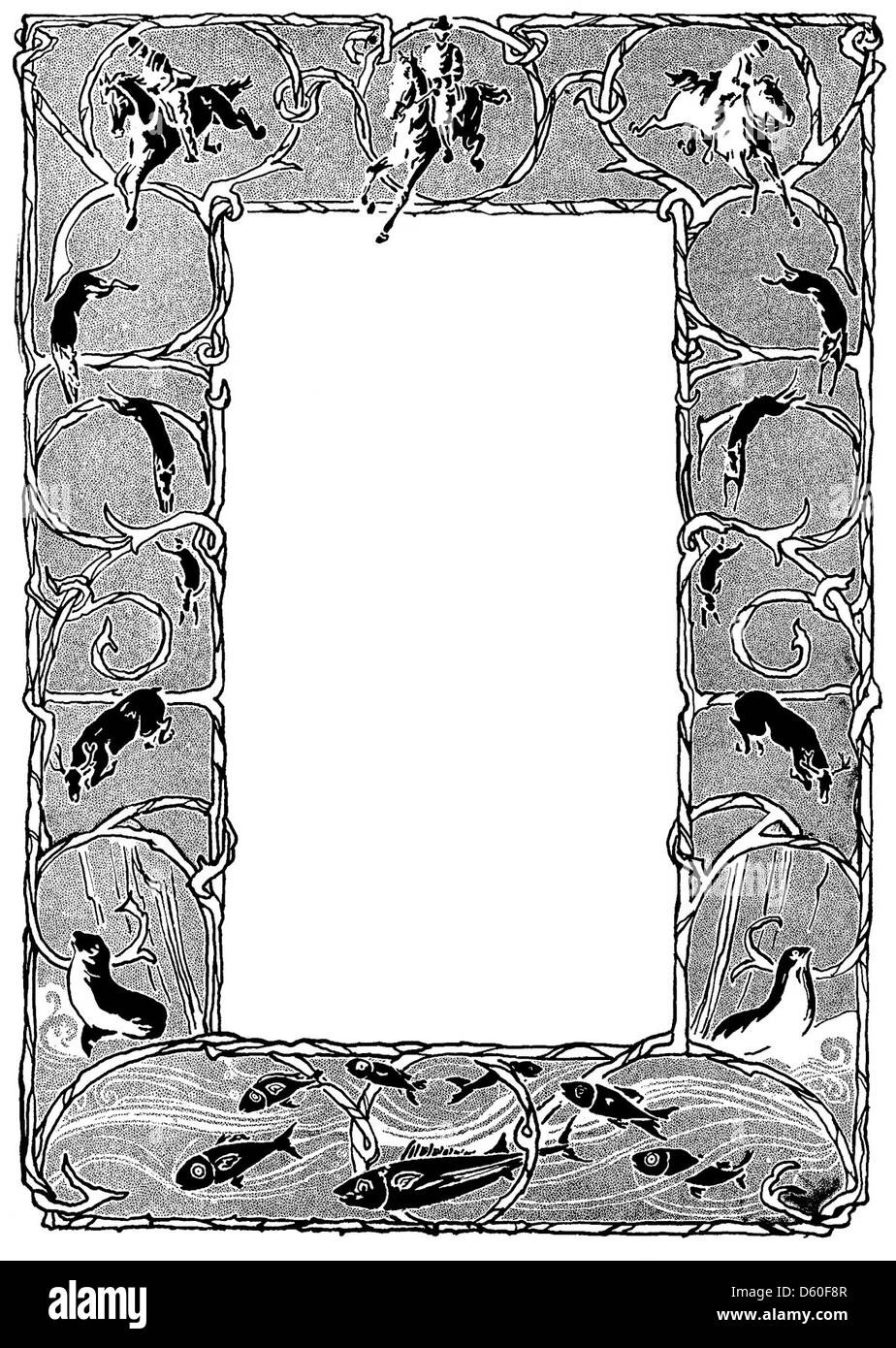 A decorative border design featuring motifs of a dog, fish, and horse ...