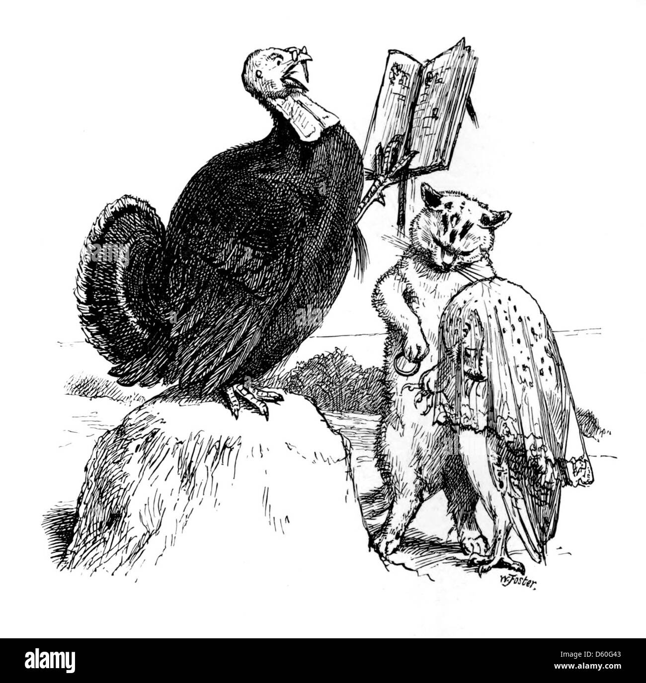 This illustration from Edward Lear’s 'Nonsense Drolleries' features a whimsical cat and owl ...