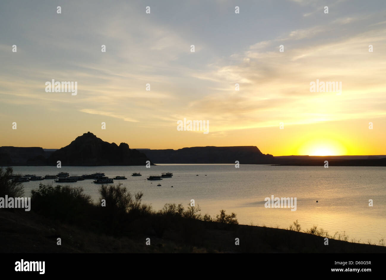 Dawn cirrus clouds view yellow sunrise to side Romana Mesa and Castle ...