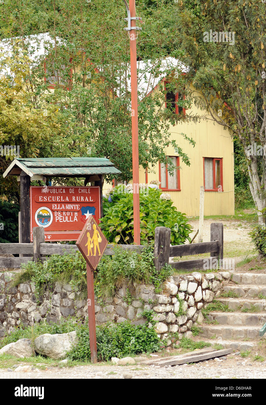 Signs outside a rural school. Republica de Chile. Escuela Rural ...