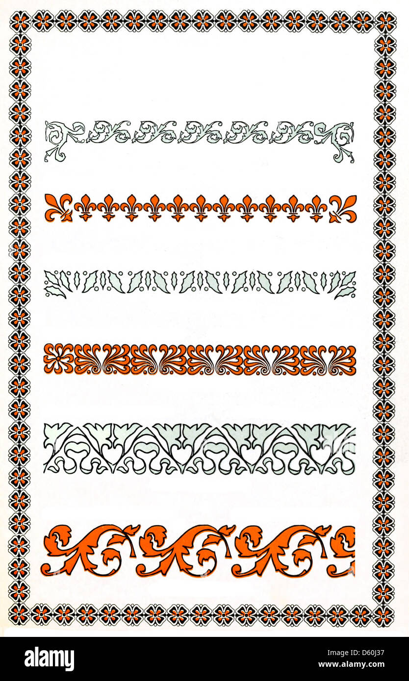 A page from the 1900 catalog showcasing various borders, ornaments, and ...