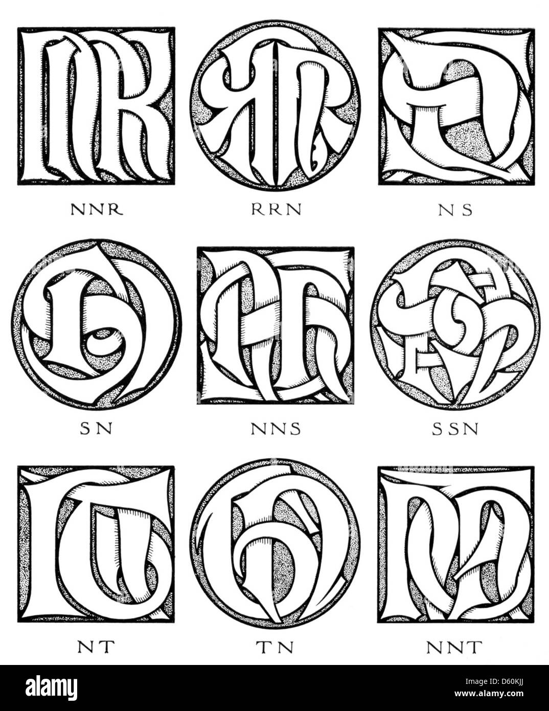 A 1906 typographic illustration featuring various monograms and ciphers ...