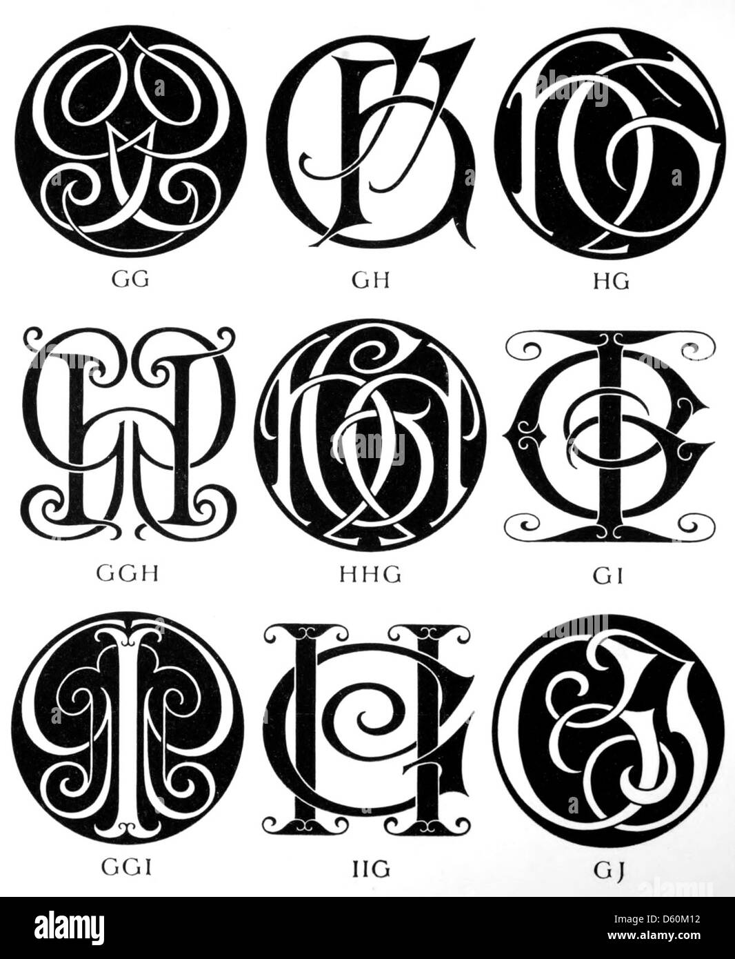 A page from a 1906 typography book showcasing examples of monograms and ...
