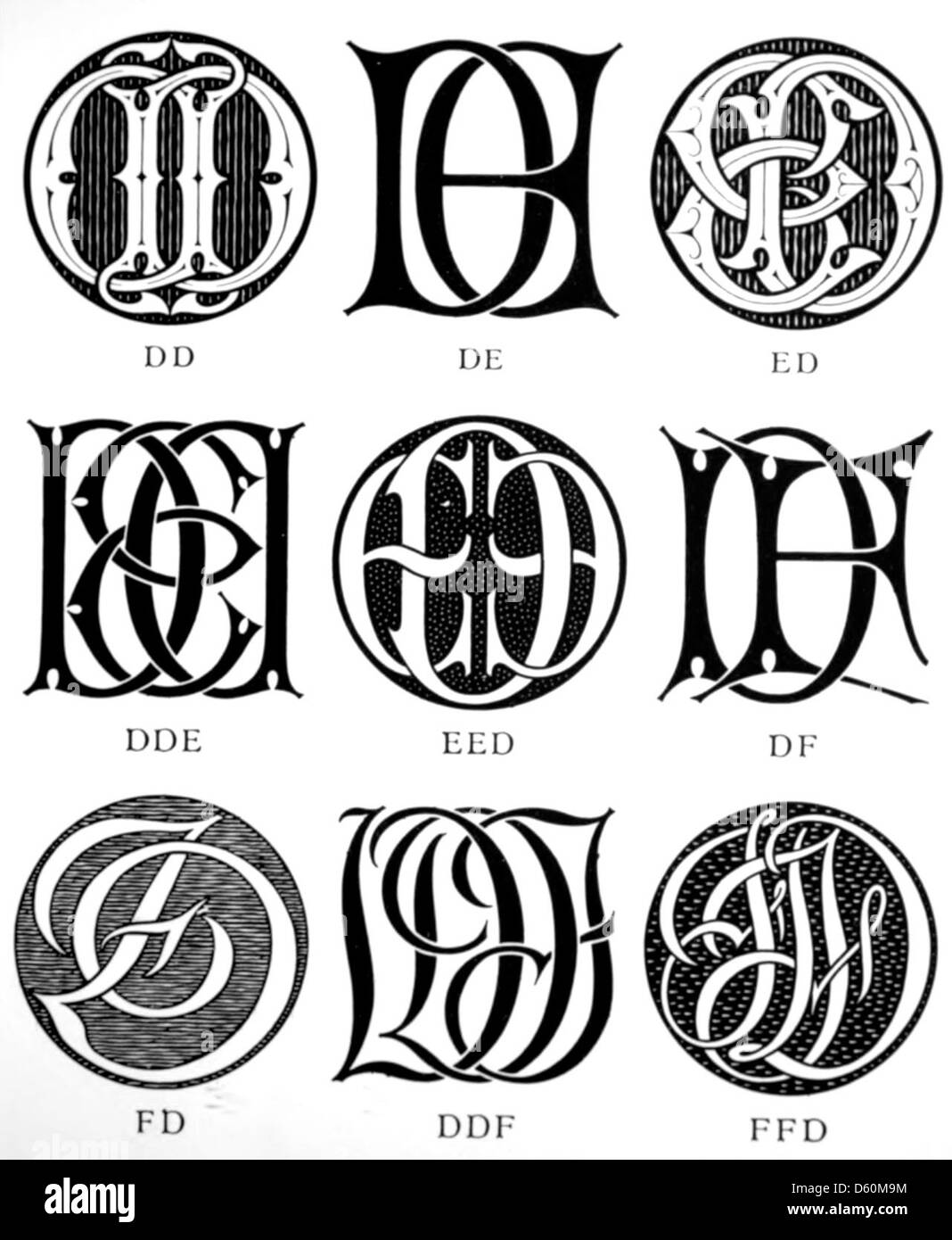 An illustration from a 1906 typography book featuring various monograms ...