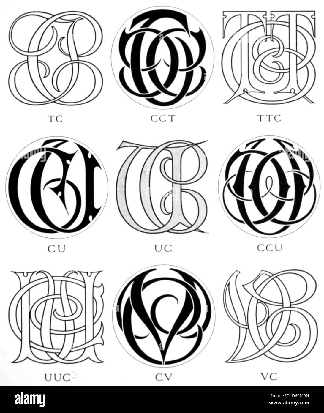 A 1906 illustration featuring various monograms, ciphers, and typefaces ...