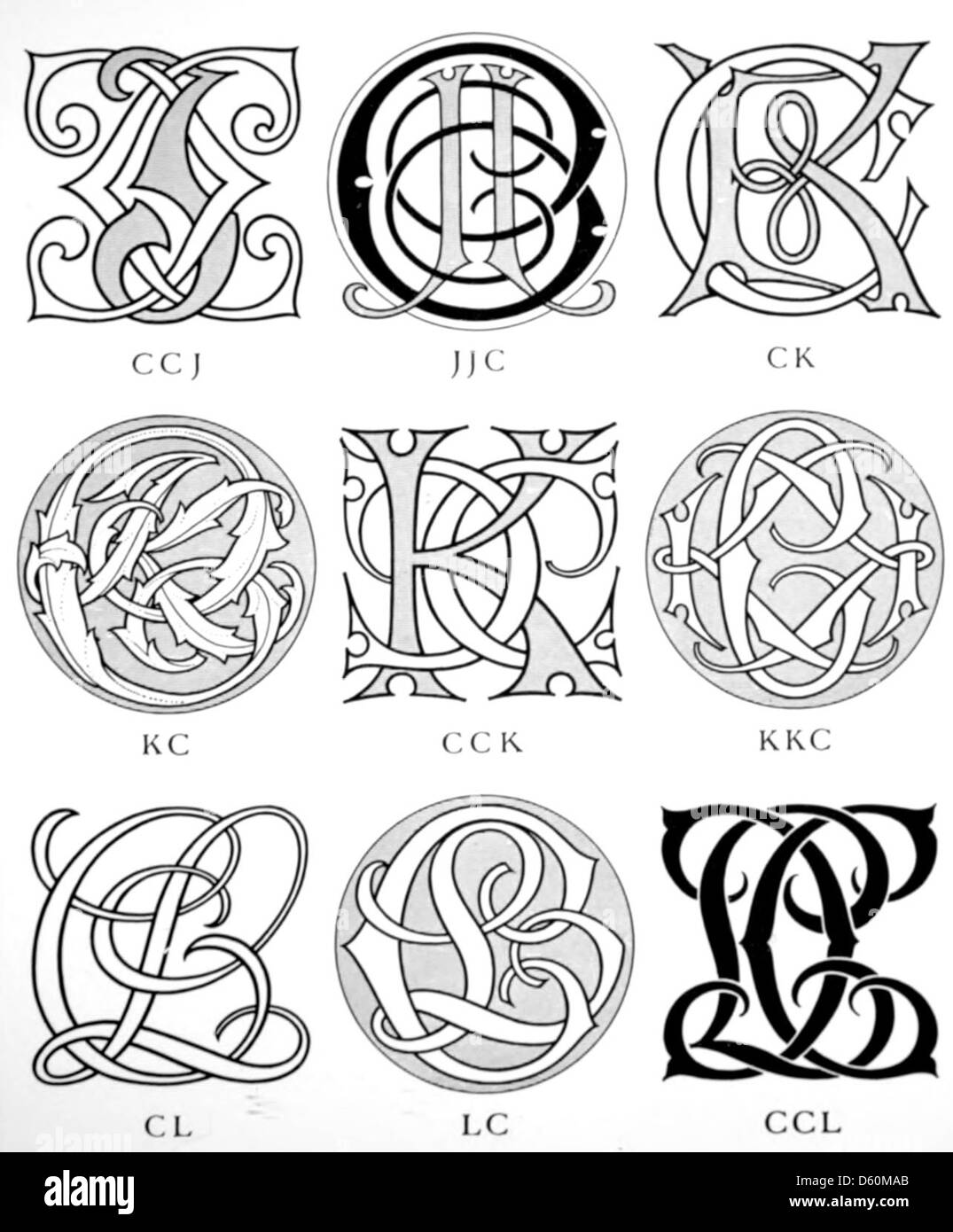 A 1906 illustration showcasing monograms and ciphers used in typography ...