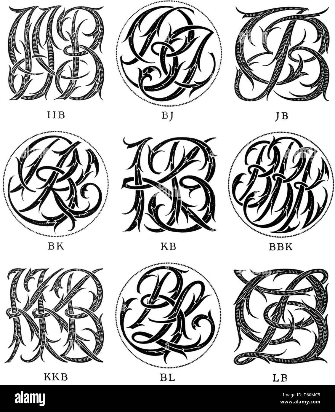 A 1906 design showcasing various monograms and ciphers, emphasizing the ...
