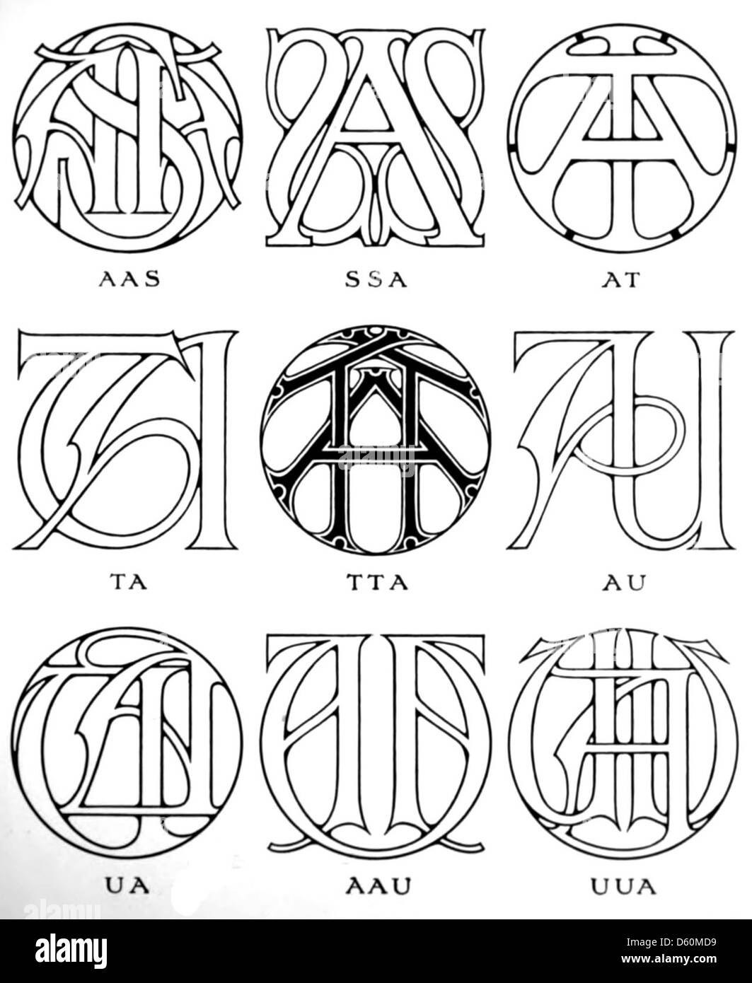 A 1906 publication showcasing various typographic designs for monograms ...