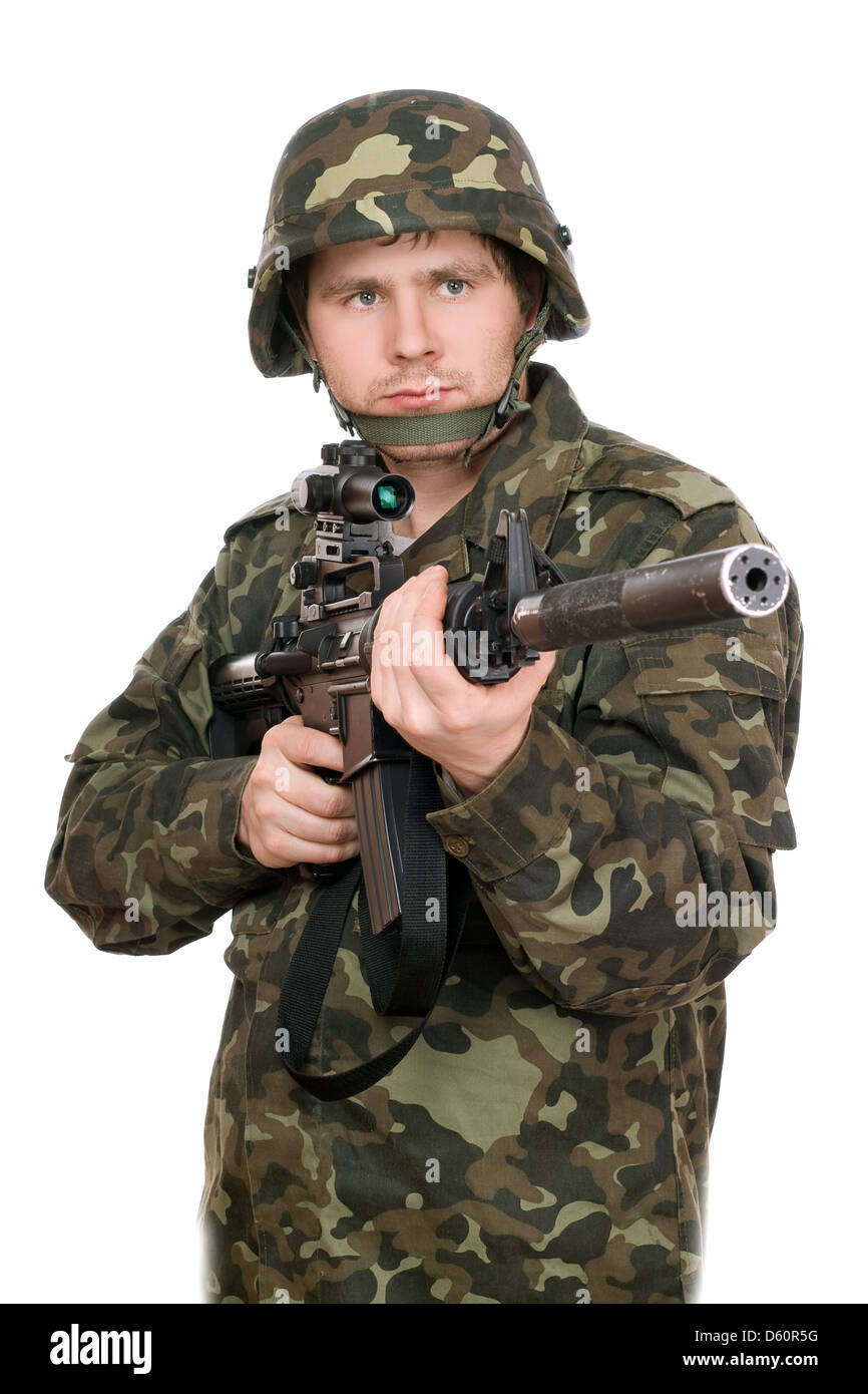 Armed soldier pointing m16. Upperhalf Stock Photo - Alamy